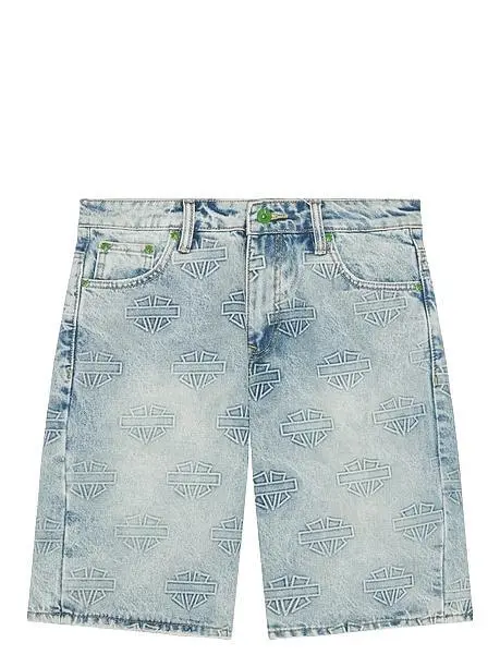 MEMORY LANE M Shield Debossed Pattern Shorts - Light Blue Rinse