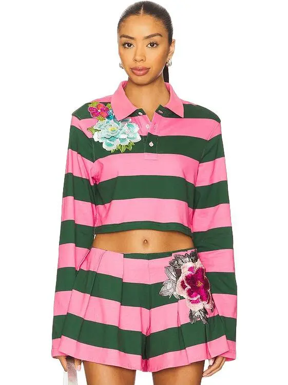 AREA Embroidered Cropped Polo Top - Pink & Green