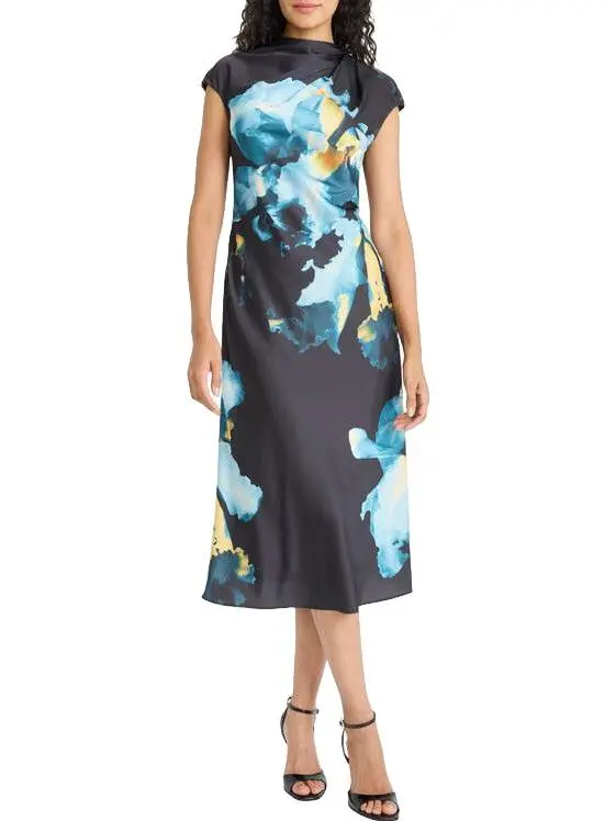 Maggy London Print Satin Cocktail Dress - Black/teal