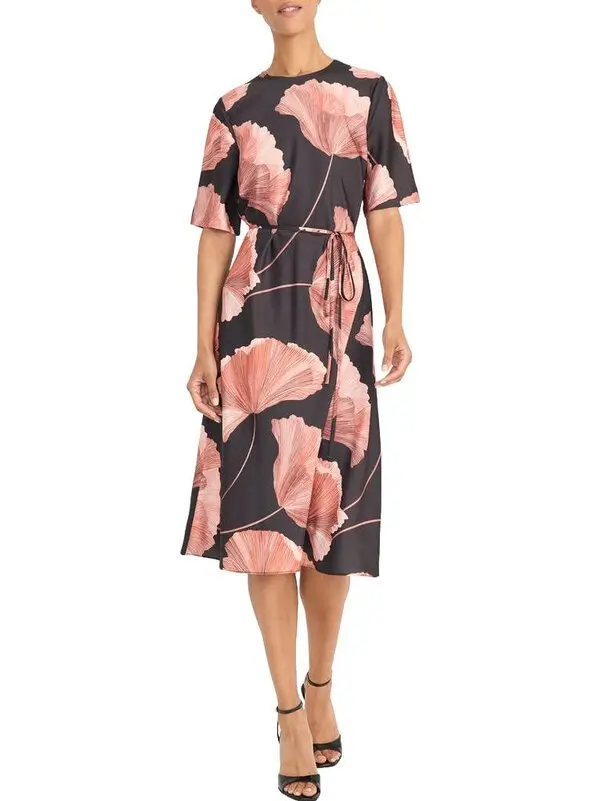Maggy London Printed Short Sleeve Midi Dress - Black/melon