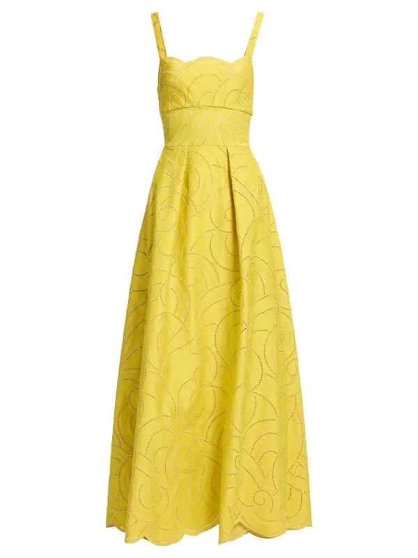 Elie Saab Embroidered Cotton A-line Midi Dress - Yellow