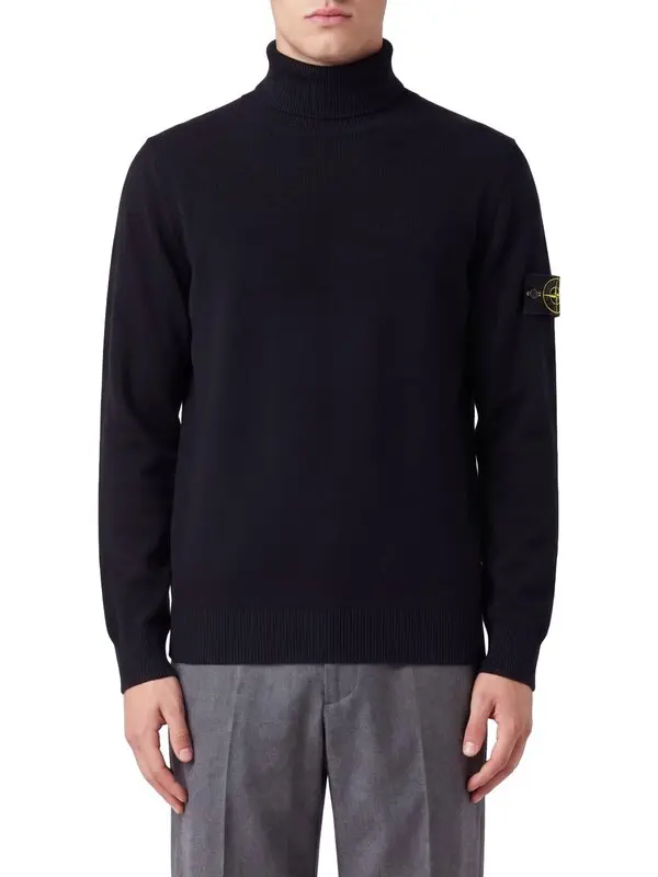 Stone Island Pure Virgin Wool Turtleneck Jumper With Compass Patch - Black