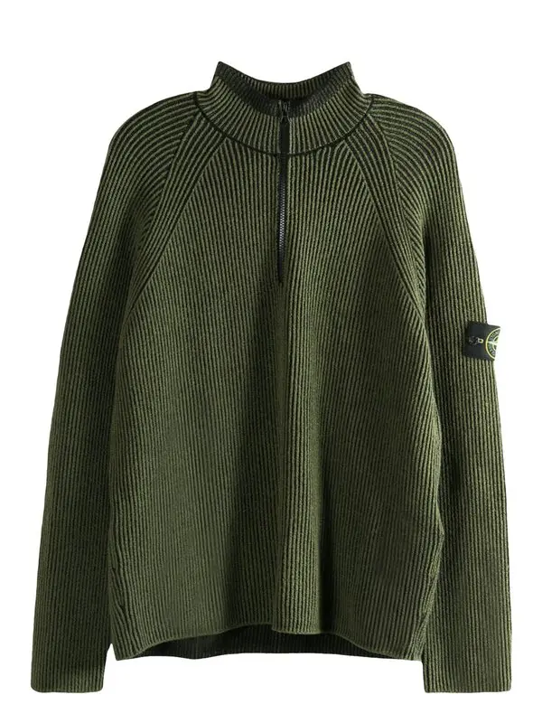 Stone Island Long-sleeve Half Zip Ribbed Polo Shirt - Green