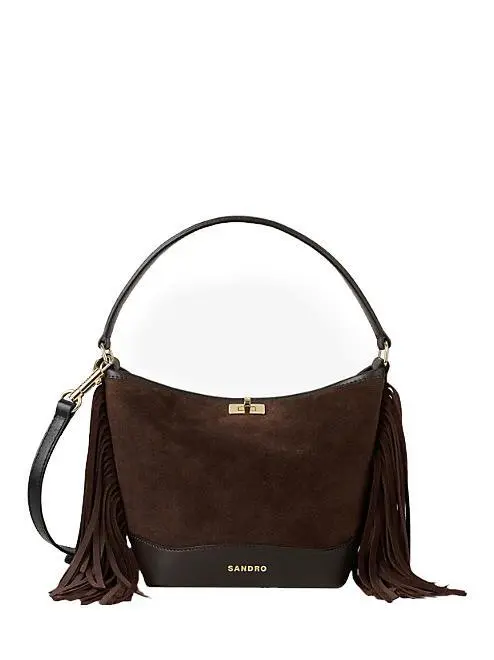 Sandro Fringed Suede Bucket Bag - Mahogany