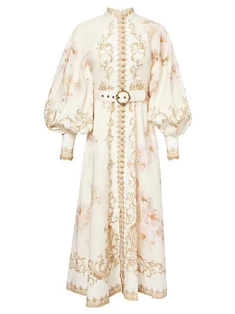 Zimmermann Printed Silk-belt Buttoned Linen Midi Dress - Cream Peony