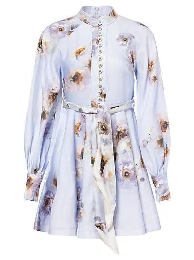 Zimmermann Printed Silk-belt Buttoned Linen Mini Dress - Lilac Poppy