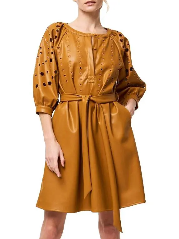 CIEBON Kinna Eyelet Puff Sleeve Faux Leather Shirtdress - Tan