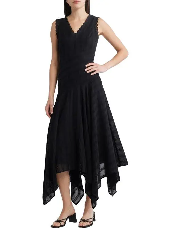 Moon River Eyelet Asymmetric Cotton Midi Dress - Black