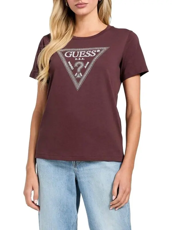 Guess Krystal Embellished Graphic T-shirt - Rust