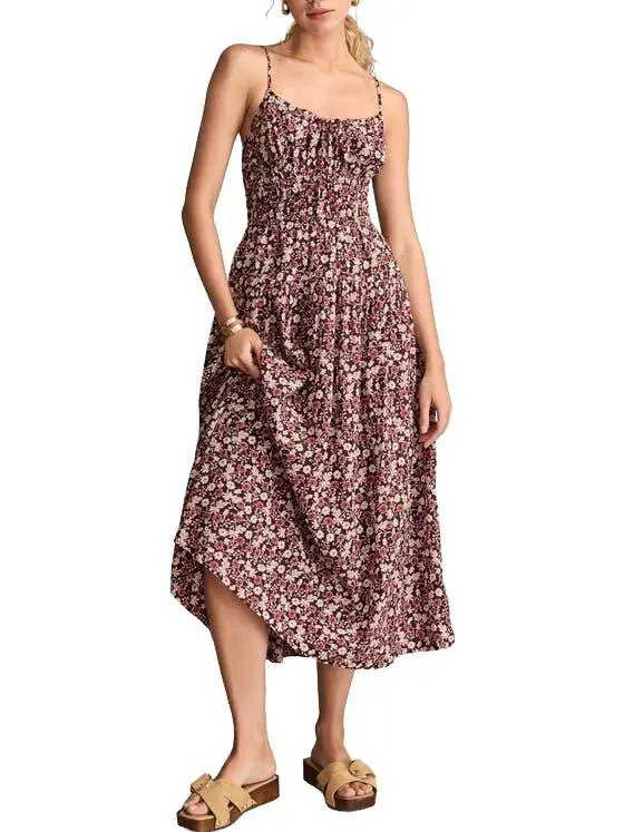 Lucky Brand Floral Shirred Bodice Midi Sundress - Chocolate Floral