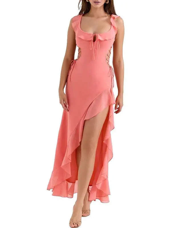 House Of Cb Aloura Georgette Ruffle Dress - Coral