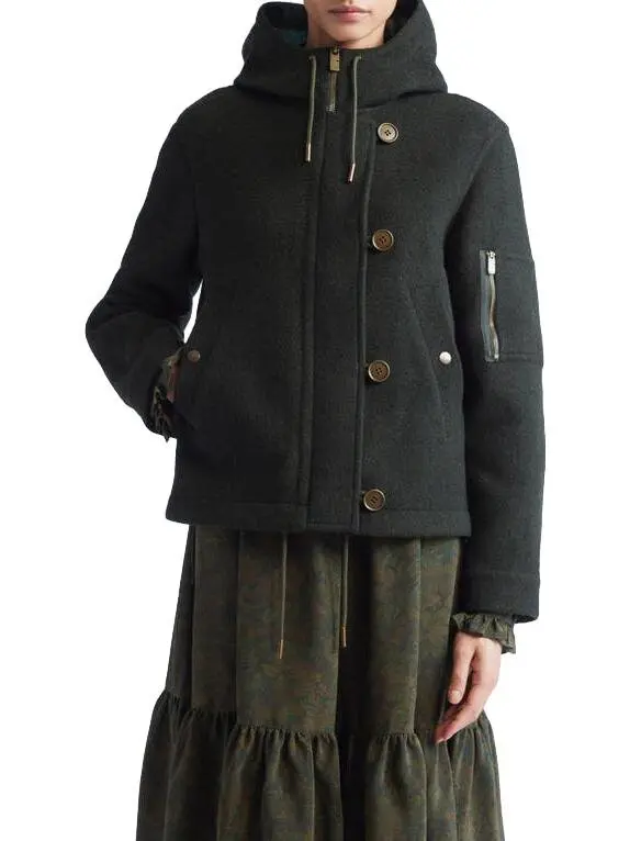 Burberry Wool Felt Hooded Jacket - Green Melange