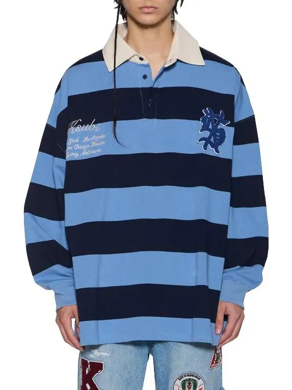 Ksubi Stripe Appliqué Cotton Rugby Shirt - Light Blue