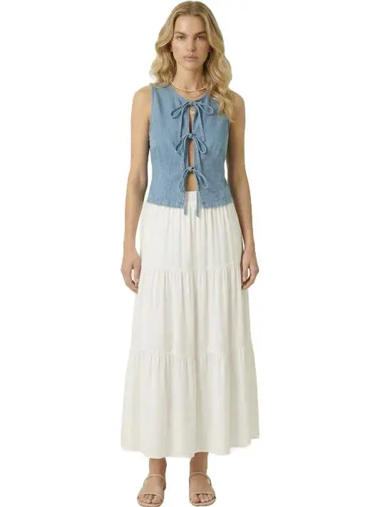 MODENAIRE Sleeveless Denim Top With Tie Front - Light Blue