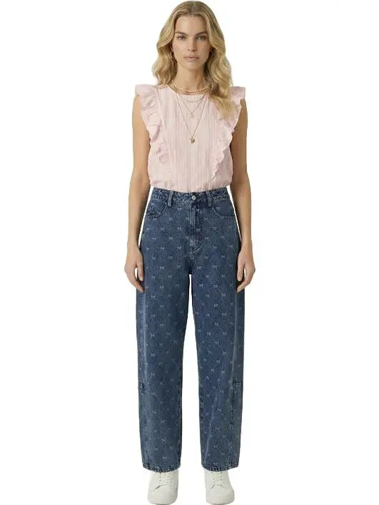 MODENAIRE Embroidered Barrel Leg Denim Trousers - Blue