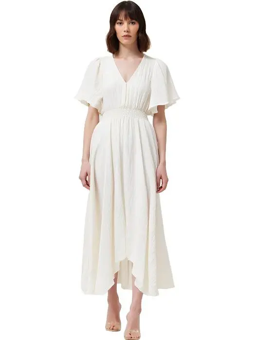 MODENAIRE V-neck Midi Dress With Flutter Sleeves And Handkerchief Hem - White