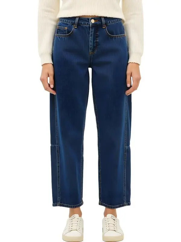 MODENAIRE Barrel Leg Denim Pants With Contrast Seams - Dark Blue