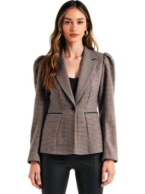 MODENAIRE Houndstooth Blazer With Puff Shoulders - Brown/beige Houndstooth