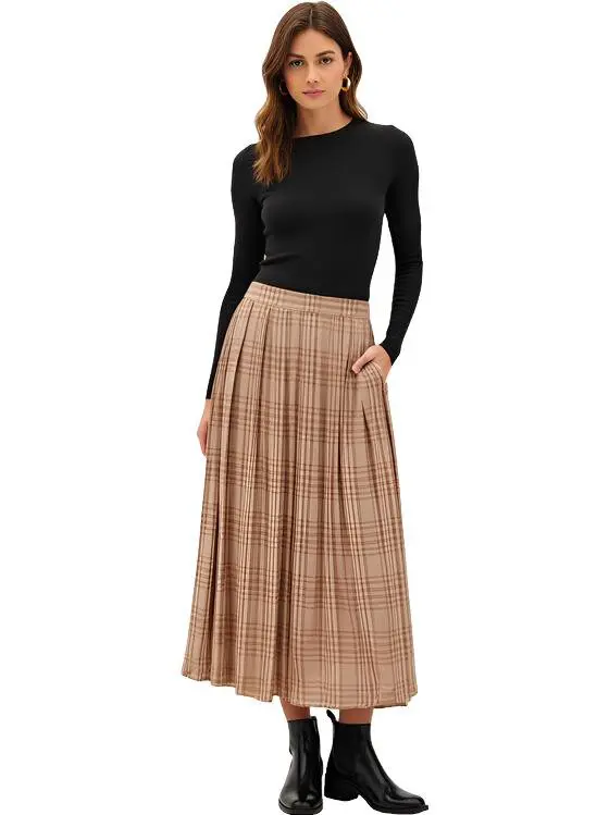 MODENAIRE Plaid Pleated Maxi Skirt - Plaid Beige/brown