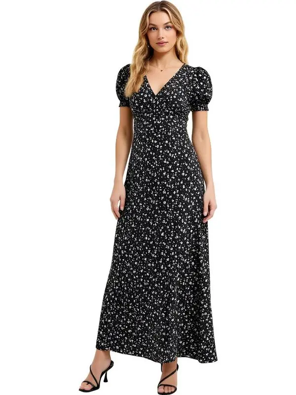 MODENAIRE Floral Print Puff Sleeve Maxi Dress - Black Floral