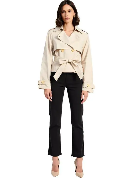 MODENAIRE Cropped Double-breasted Trench Jacket With Waist Tie - Beige