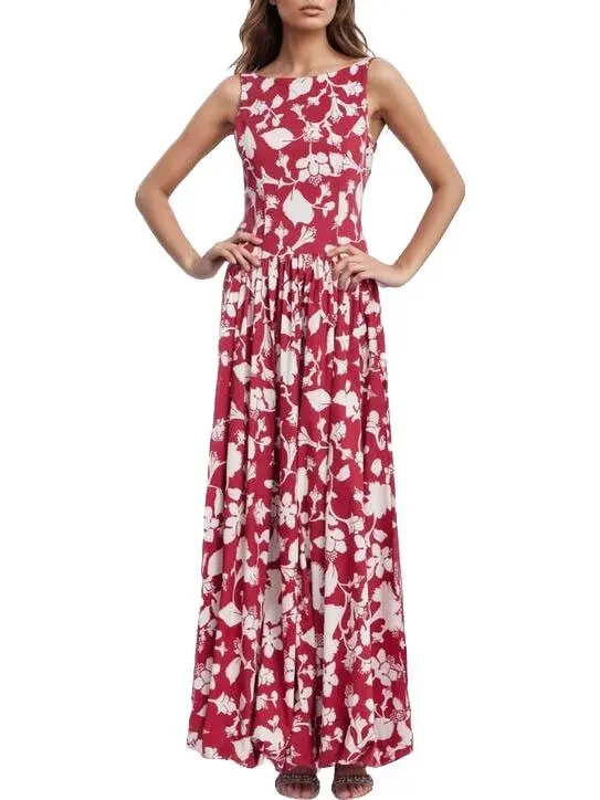 Badgley Mischka Floral Cotton Maxi Dress - Red Multi