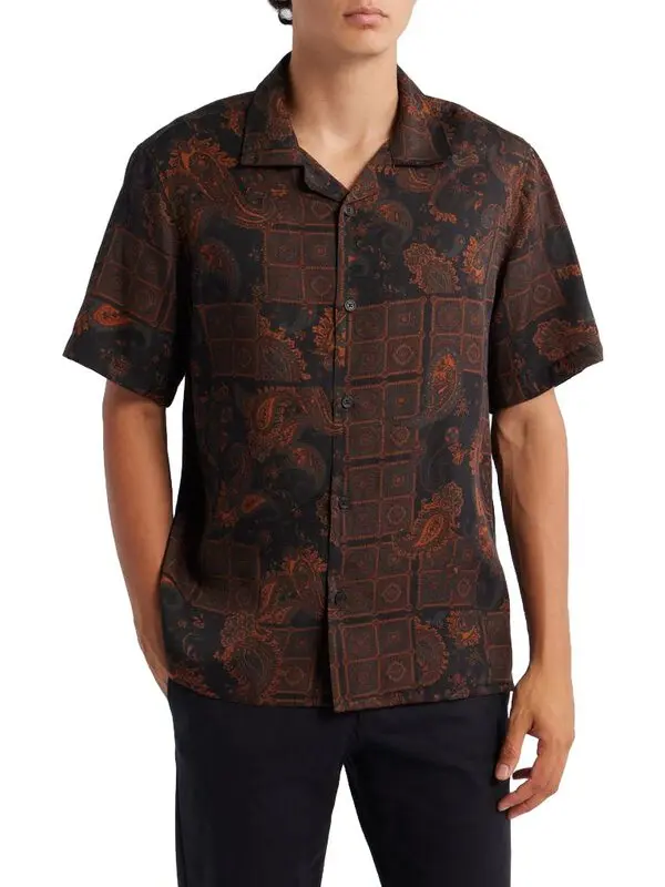WAX LONDON Didicot Geo & Paisley Print Lyocell Camp Shirt - Black/brown