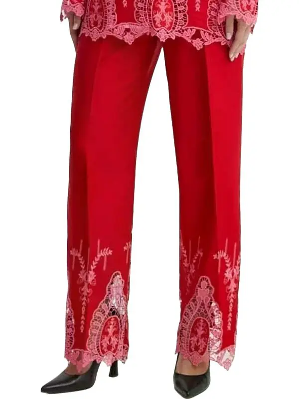 NEVER FULLY DRESSED High-waisted Floral Embroidered Trousers - Red