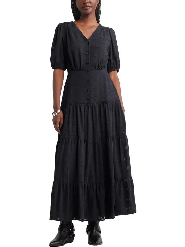 Treasure & Bond Puff Sleeve Tiered Jacquard Maxi Dress - Black