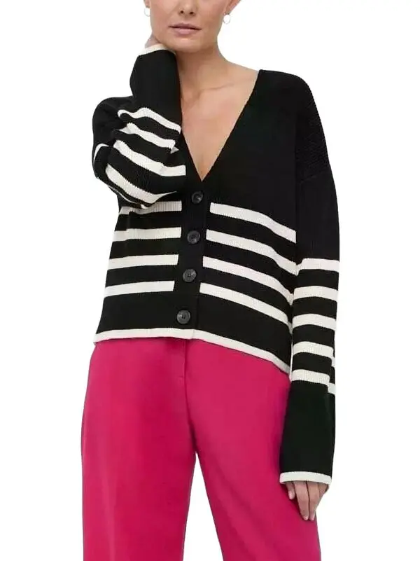 NOTES DU NORD Striped Ribbed Knit Cardigan - Black