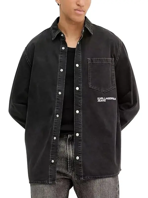 Karl Lagerfeld Embroidered-pocket Denim Overshirt - Black