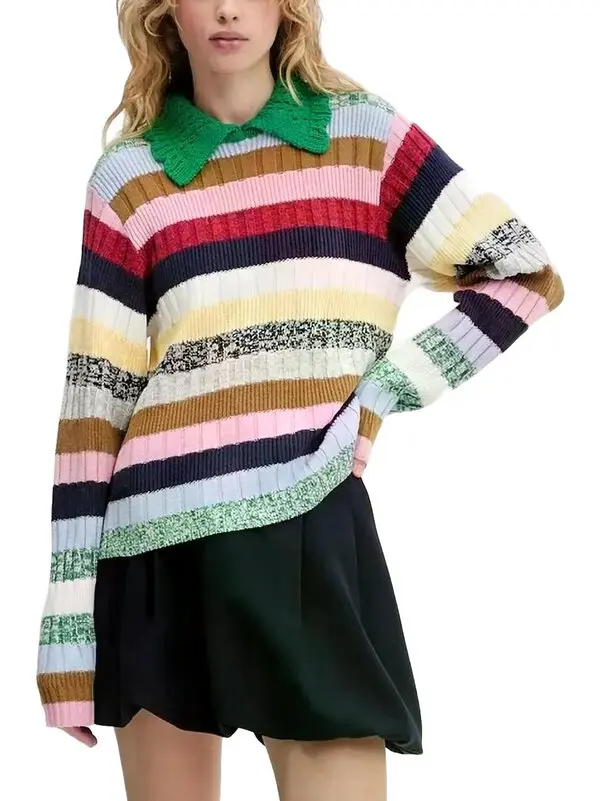 Stine Goya Striped Knit With Crochet-collar - Green
