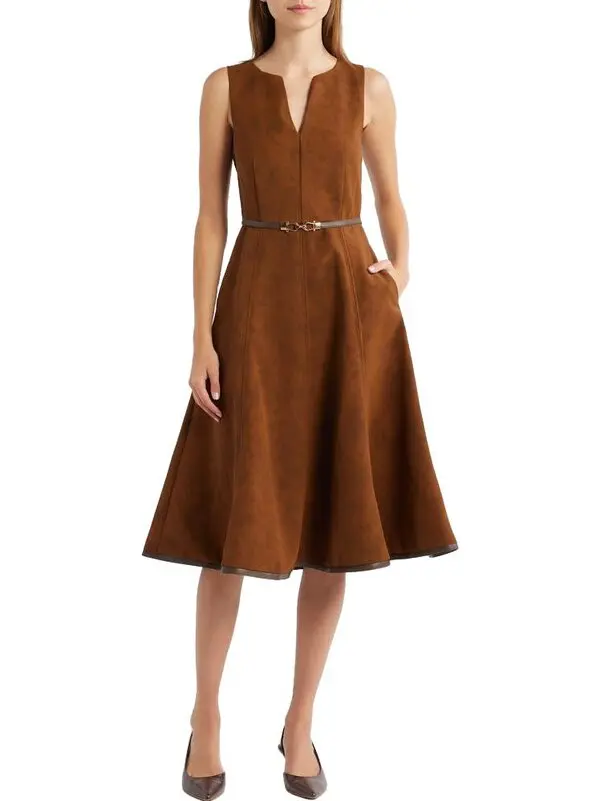EN SAISON Eloise Faux Suede Midi Dress - Brown