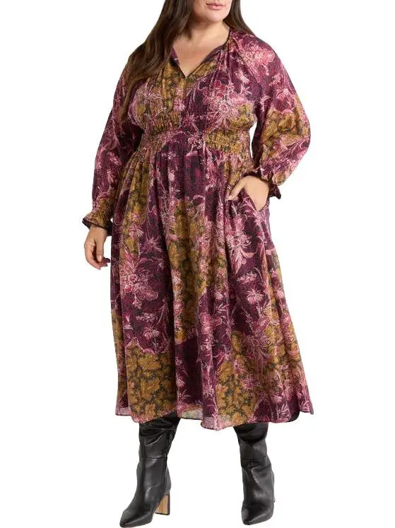 Chelsea28 Long Sleeve Smocked Bodice Midi Dress - Purple- Yellow Paisley Patch
