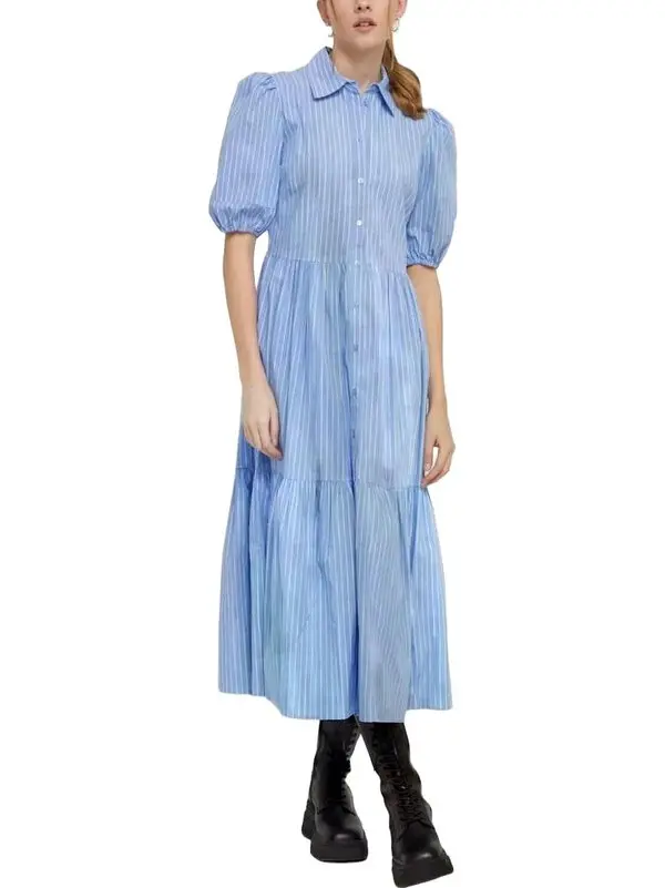 Desigual Striped Shirt Midi Dress With Puff Sleeves - Blue