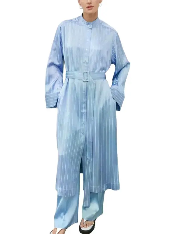 LOVECHILD Pinstripe Belted Midi Shirt Dress - Blue