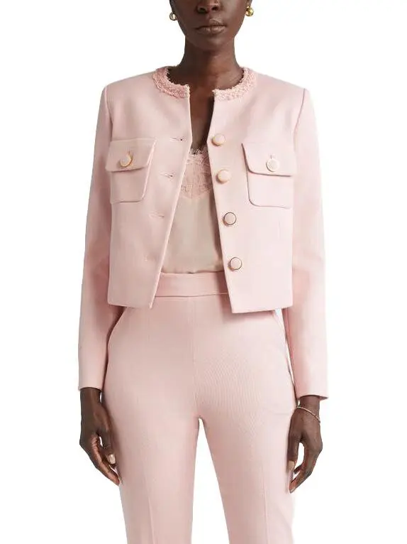 St. John Braided Trim Stretch Twill Crop Jacket - Pink