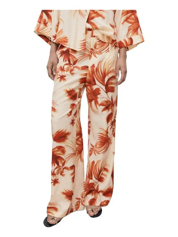 Mango Flowy Palm Print Straight Leg Pants - Off White