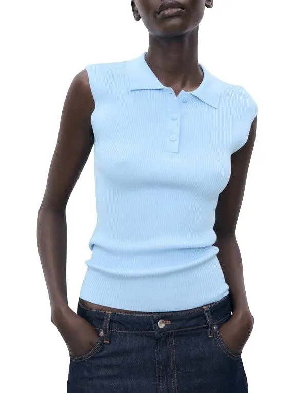 Mango Sleeveless Ribbed Polo Top - Sky Blue