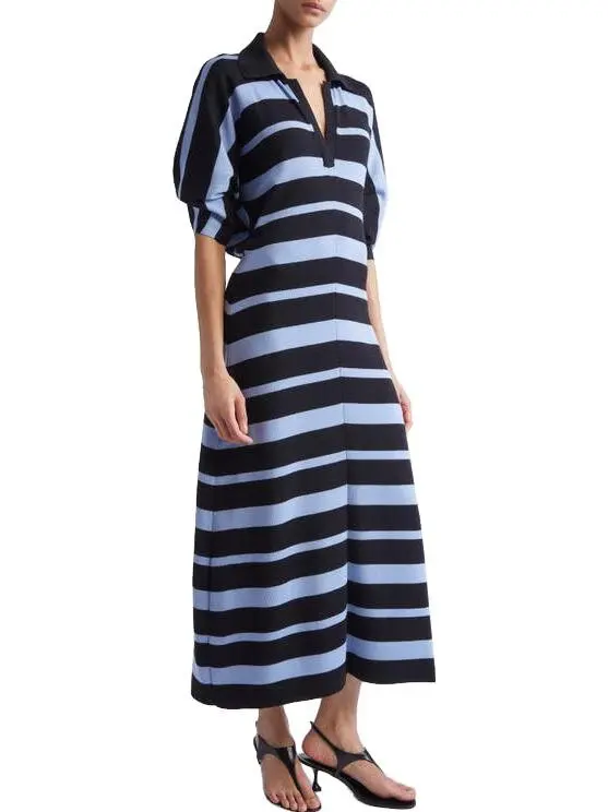 Proenza Schouler Solana Stripe Merino Wool & Silk Midi Polo Dress - Black Multi