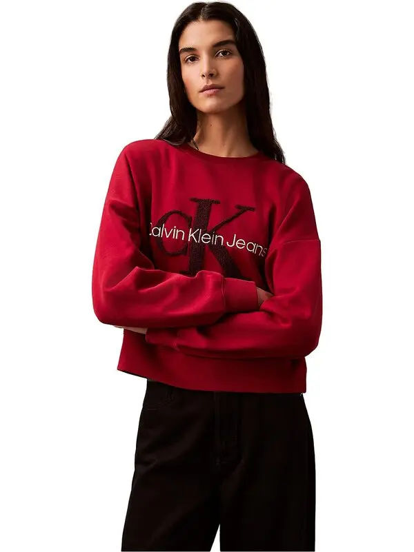 Calvin Klein Chenille Monogram Logo Fleece Crewneck Sweatshirt - Winery