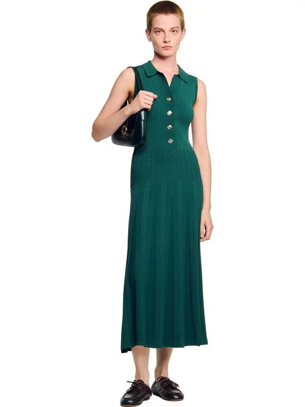 Sandro Sleeveless Knit Maxi Dress With Polo Collar - Dark Green