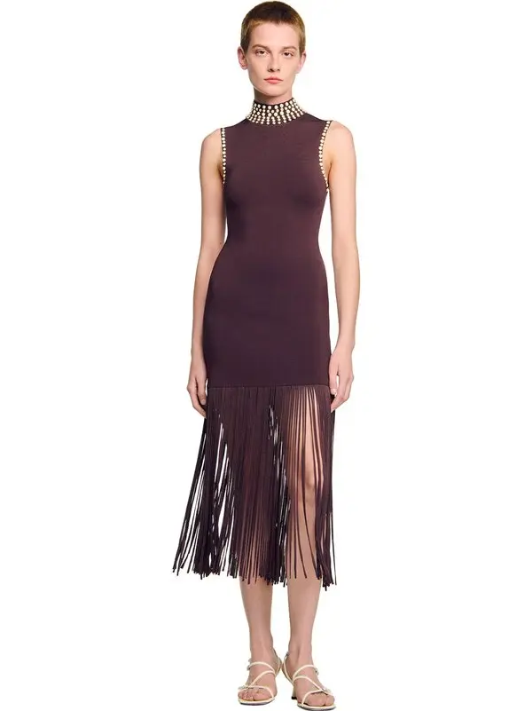 Sandro Fringed Knit Midi Dress - Brown