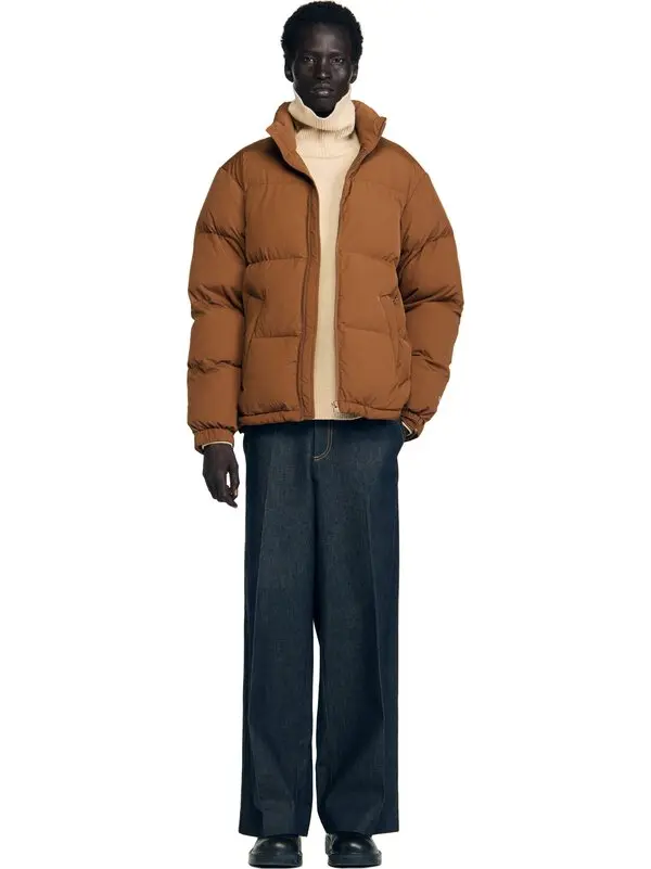 Sandro Hooded Puffer Jacket With High Collar - Cognac