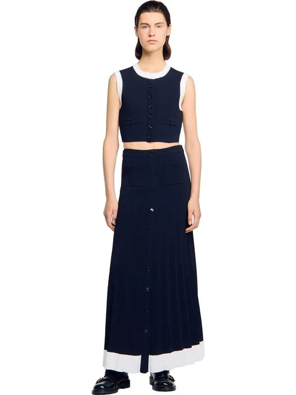 Sandro Maxi Two-tone Knit Pleated Skirt - Navy Blue