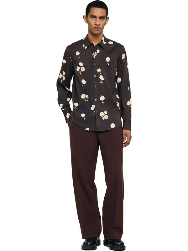 Sandro Floral Print Linen Shirt - Chocolate