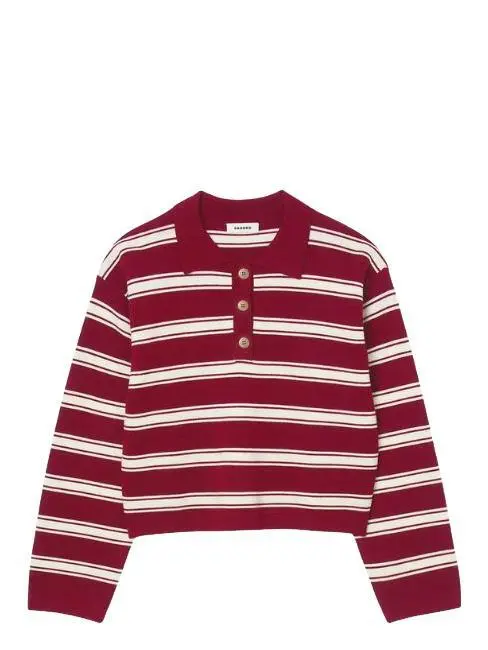 Sandro Wool Striped Polo Sweater - Bordeaux