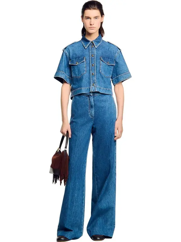 Sandro Cropped Denim Shirt - Blue Jean