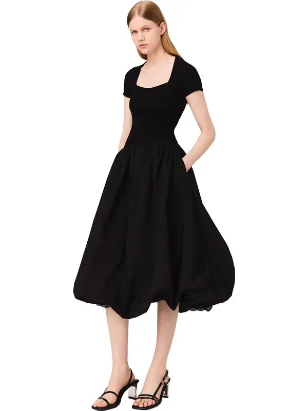 Maje Viscose Long Ribbed Knit And Taffeta Dress - Black