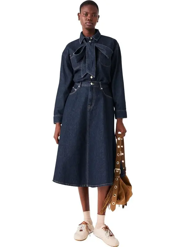 Maje Denim Jacket With Lavallière Collar - Navy